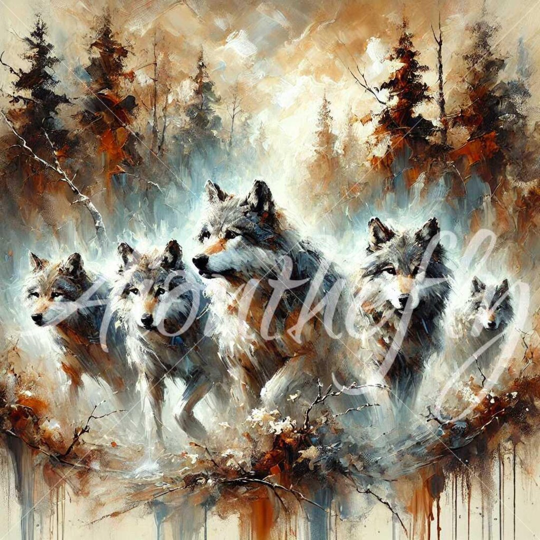 Majestic Wolf Pack Painting | Digital Wildlife Art | Rustic Nature Wall ...