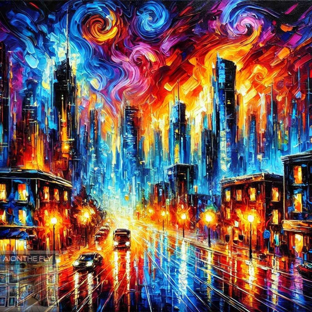 Vibrant Expressionist Cityscape Print | Colorful Urban Night Skyline ...