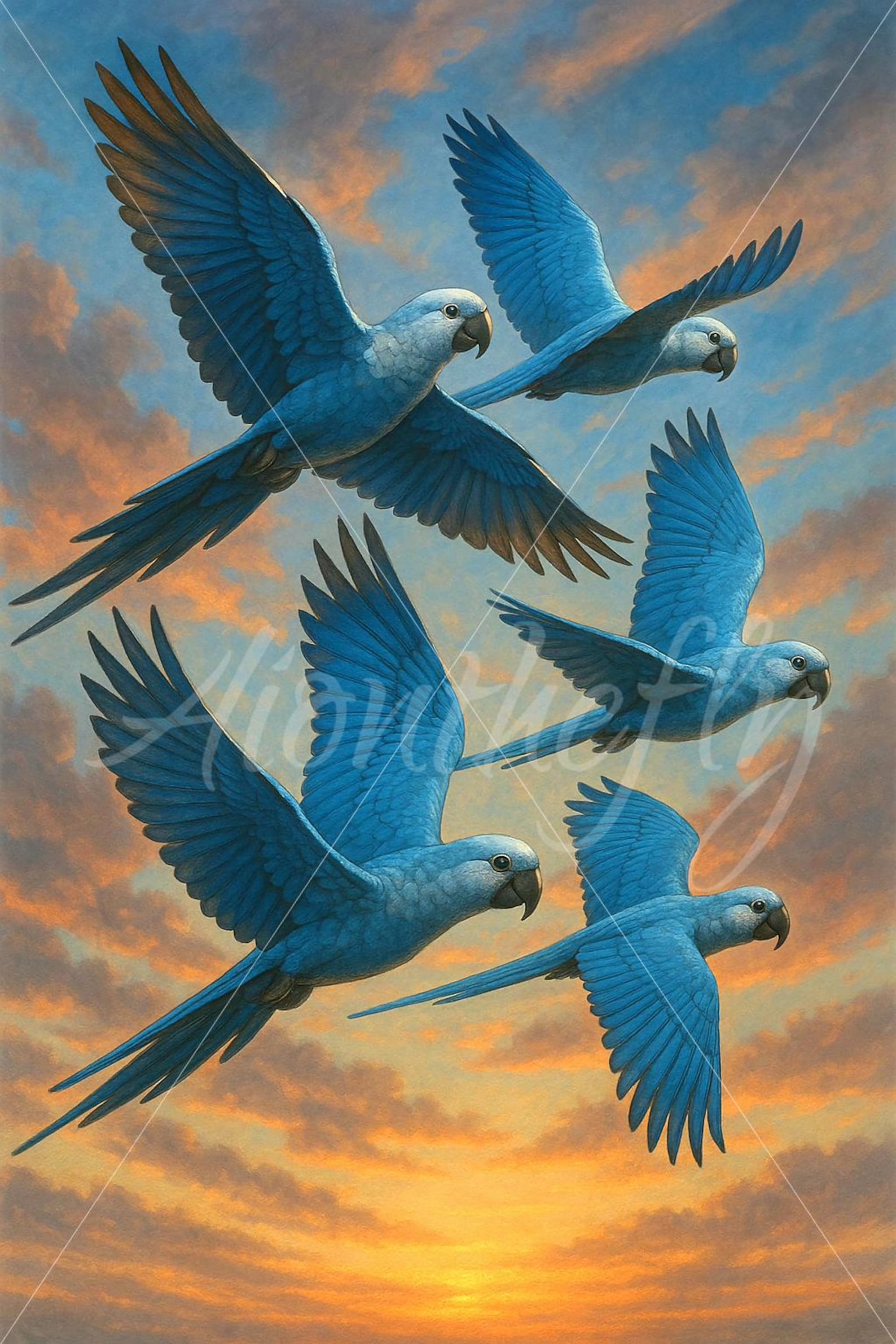 Flying Spix’s Macaws at Sunset | Tropical Blue Parrot Digital Wall Art ...