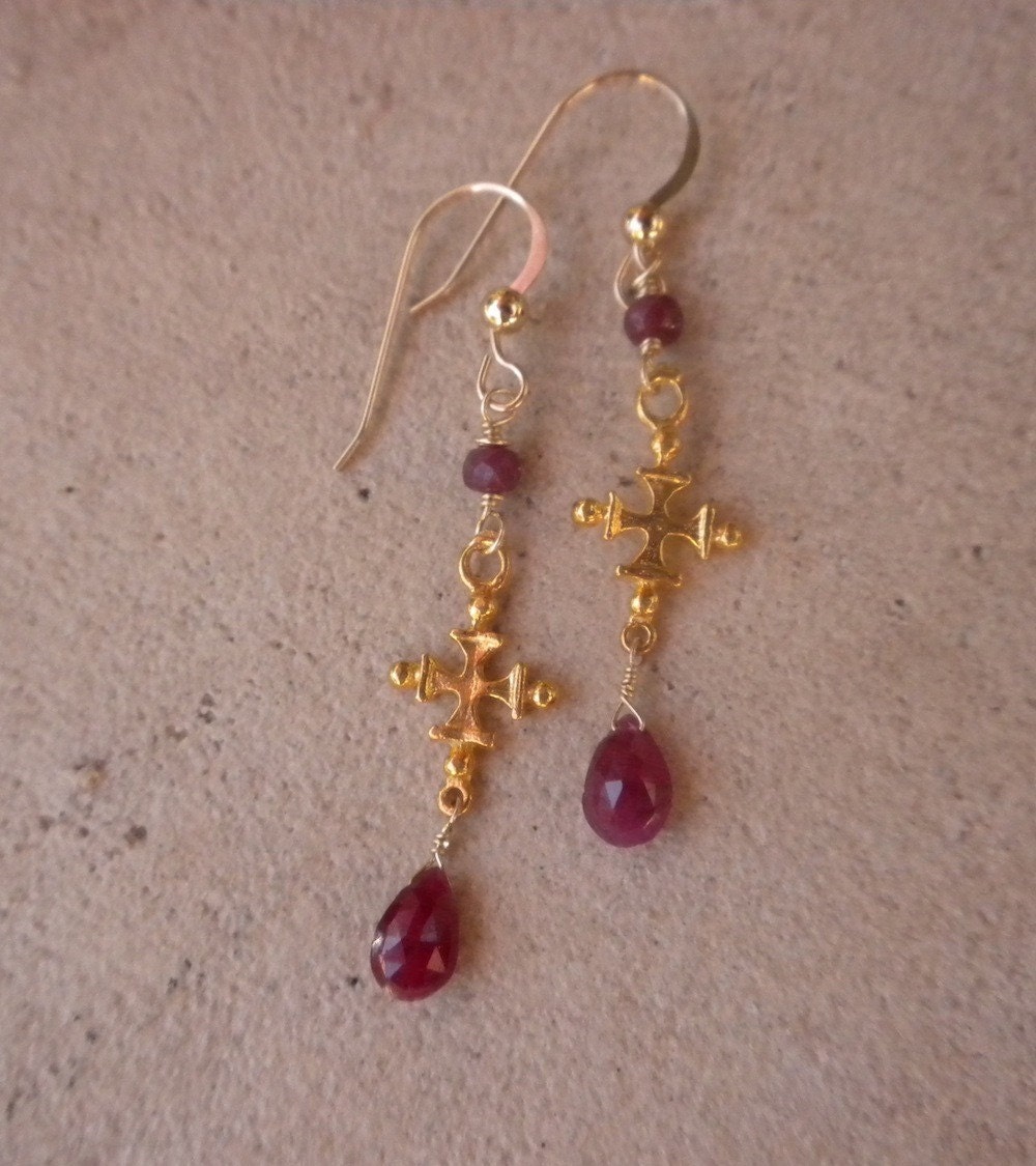 Maltese Cross Earrings With Ruby Teardrops on Gold Filled Wires - Etsy