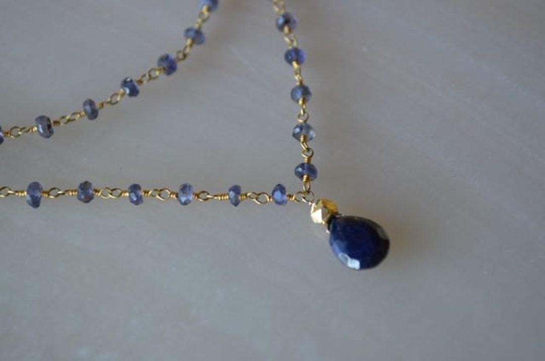 Iolite and Sapphire Necklace Gold Filled September Birthstone, Double ...