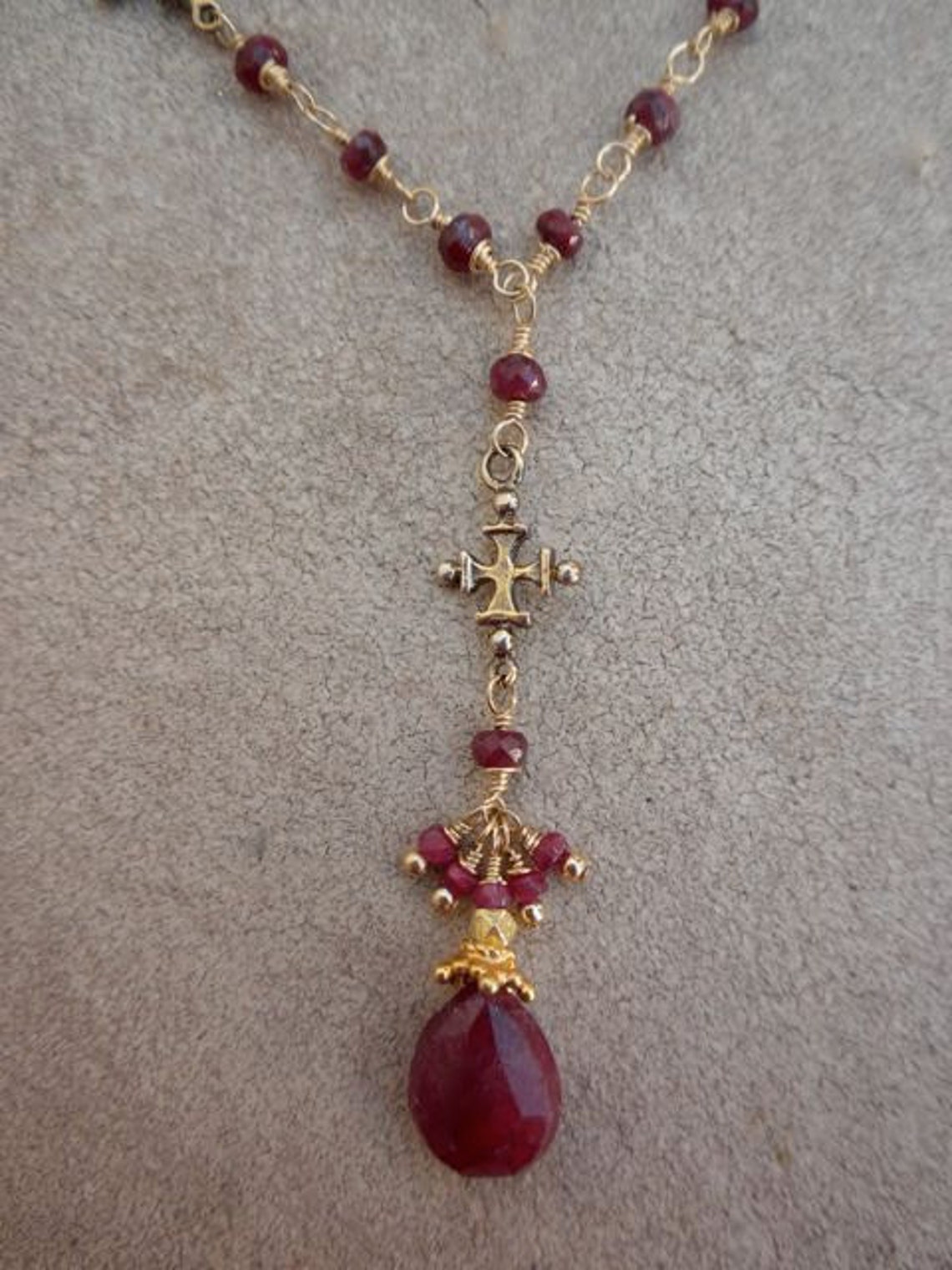 Ruby Gold Filled Cross Necklace Ruby Teardrop - Etsy