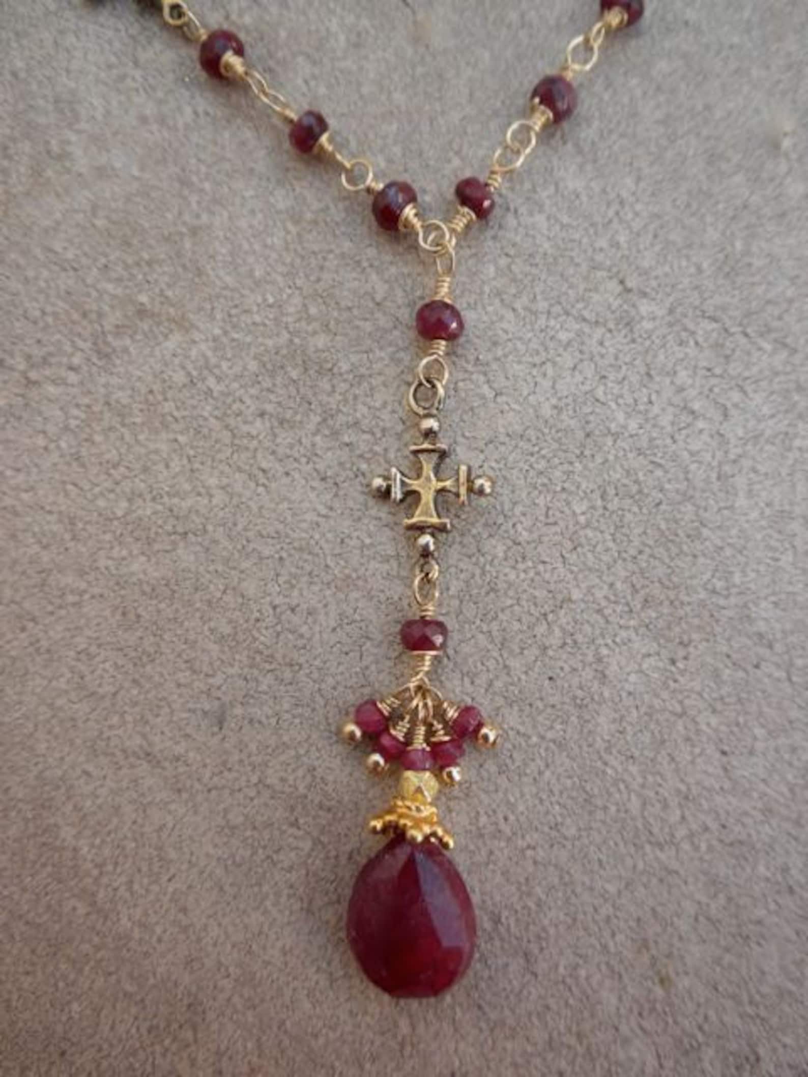 Ruby Gold Filled Cross Necklace Ruby Teardrop - Etsy