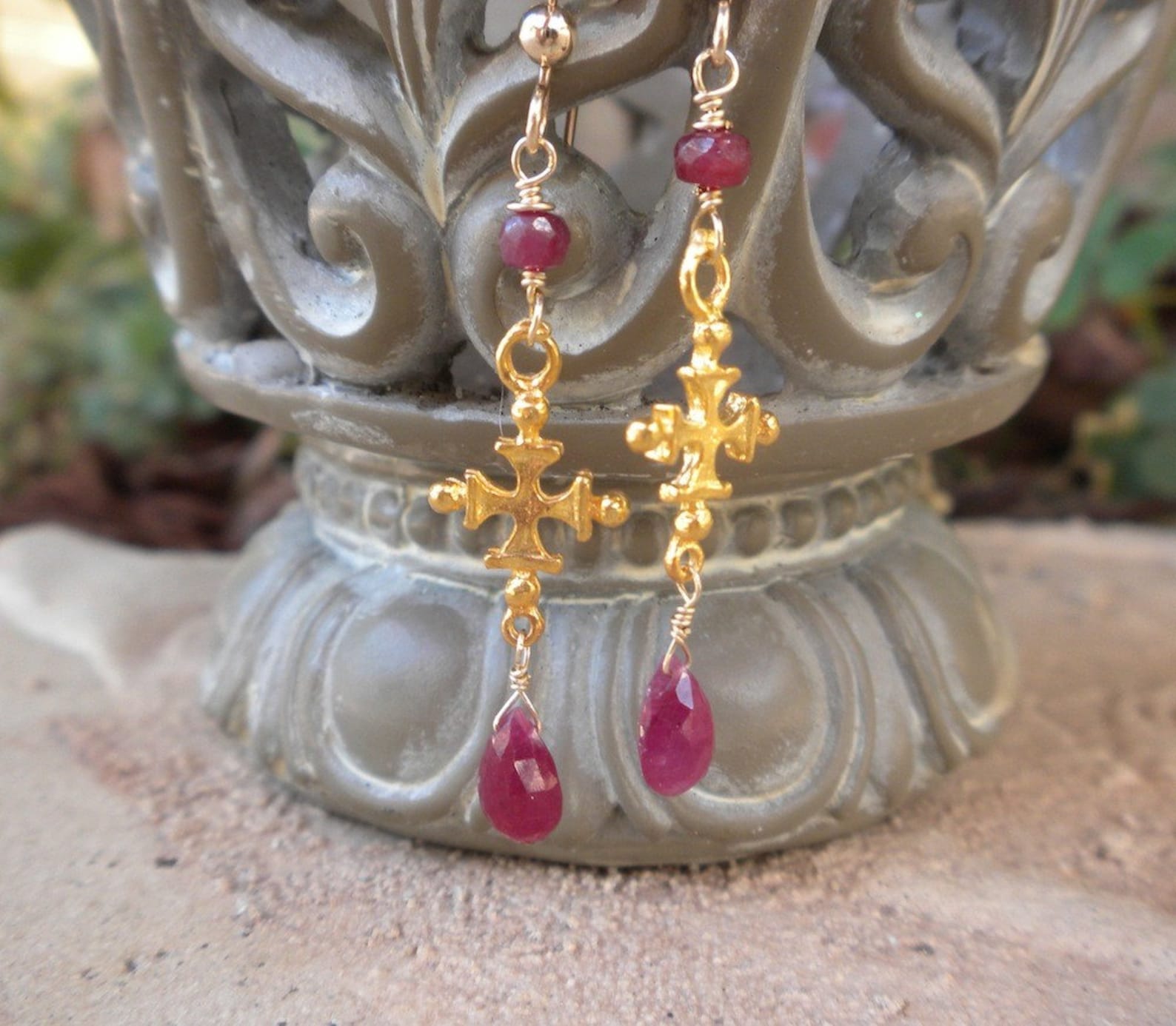 Maltese Cross Earrings With Ruby Teardrops on Gold Filled Wires - Etsy