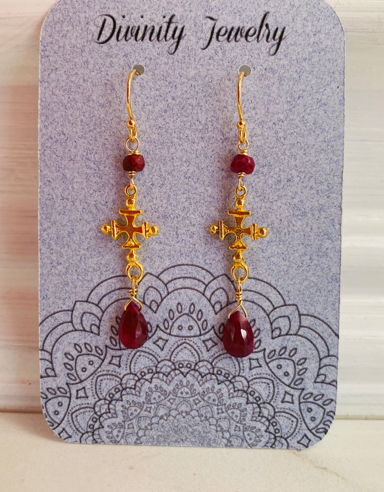 Maltese Cross Earrings With Ruby Teardrops on Gold Filled Wires - Etsy