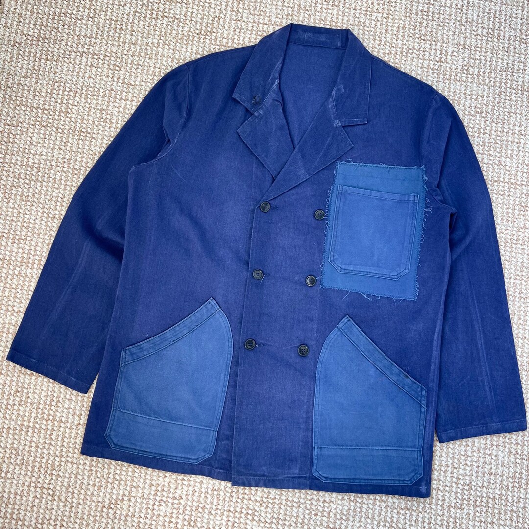 Vintage 70-80s Double Breasted French Blue Faded Cotton Chore Works ...