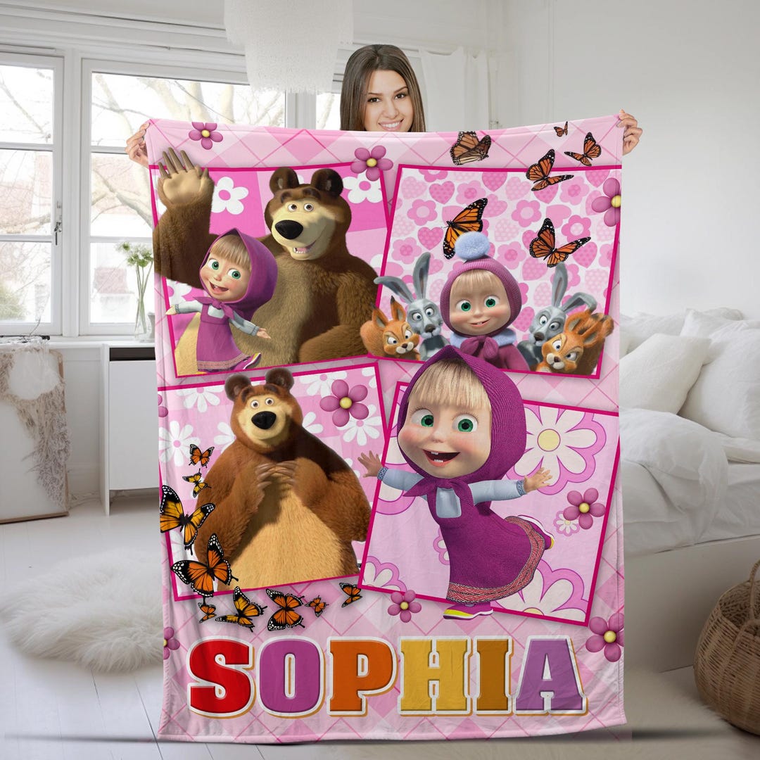 Masha and the Bear Theme Birthday Family Blanket, Custom Personalized ...