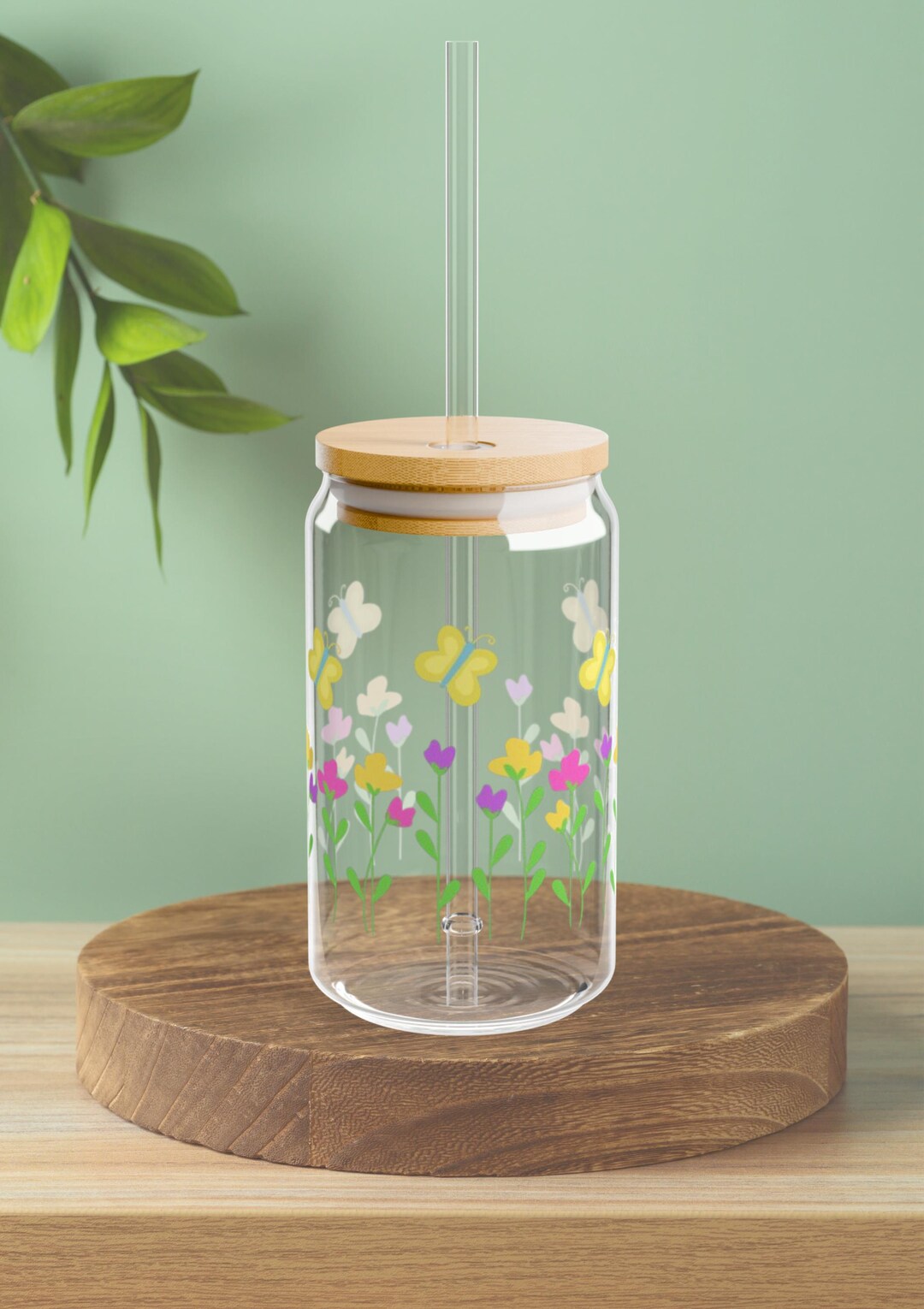Copo Sippe com tampa de bambu e canudo, design de borboleta e flor ...