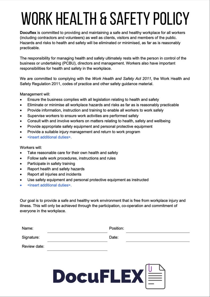 Work Health and Safety Policy Template | Workplace Compliance & Safety ...