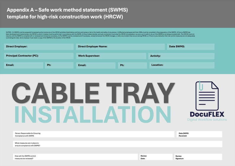 SWMS Electrical Cable Ladder Tray & Conduit Installation | Safe Work Method Statement | Editable ...