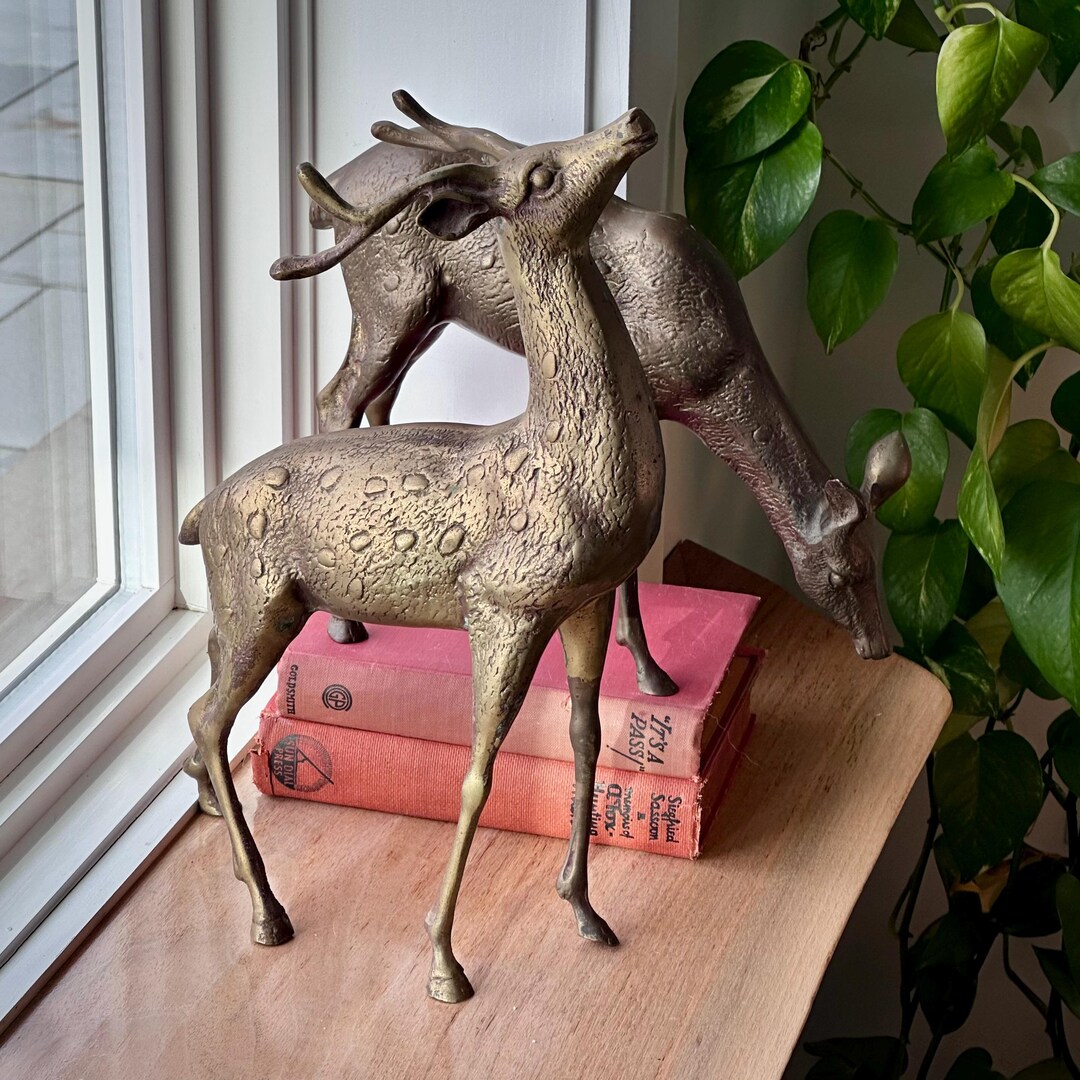 Large Vintage Solid Brass Deer Sculptures – 15" Mid-century Modern Stag ...