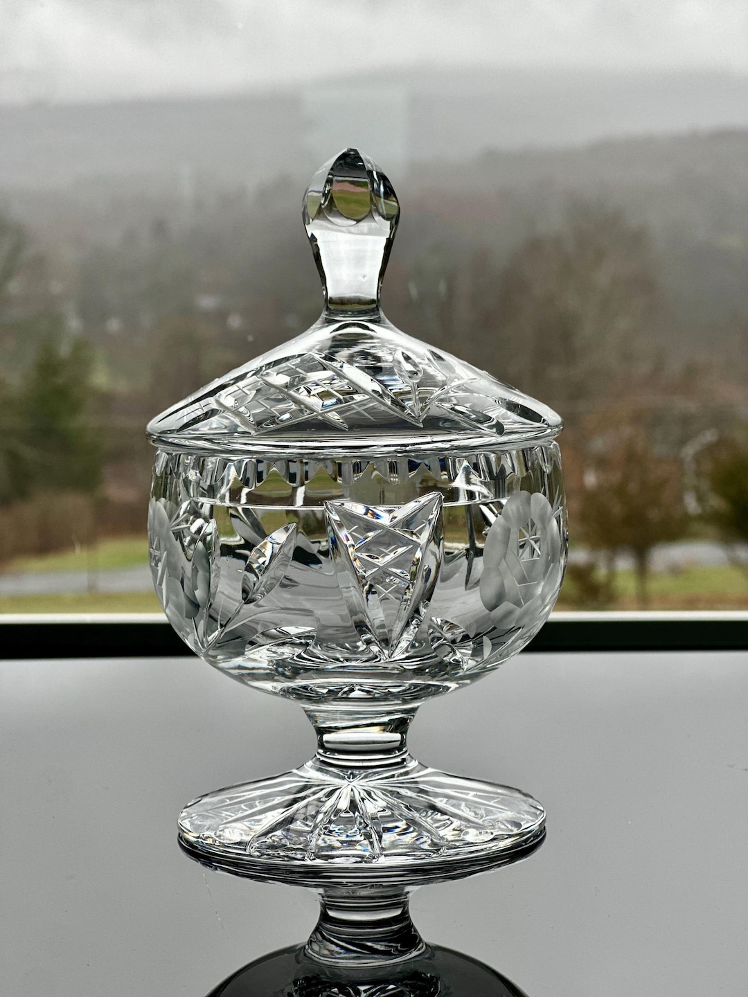 Vintage Pedestal Cut Crystal Compote With Lid – Etched Floral and ...