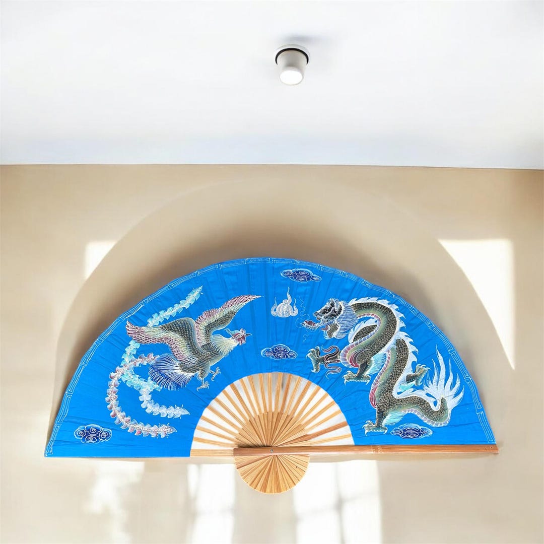 Vintage Midcentury Hand-painted Wall Fan – Phoenix & Dragon | Large ...