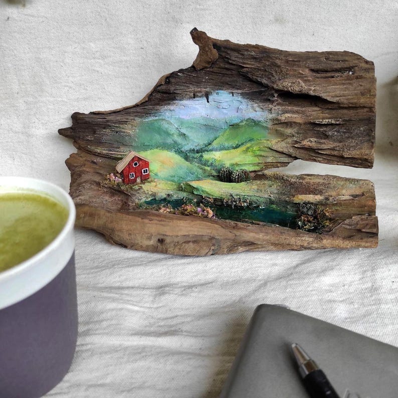 Driftwood Art, Rustic Decor, Miniature Landscape, Red Cabin, Nature ...