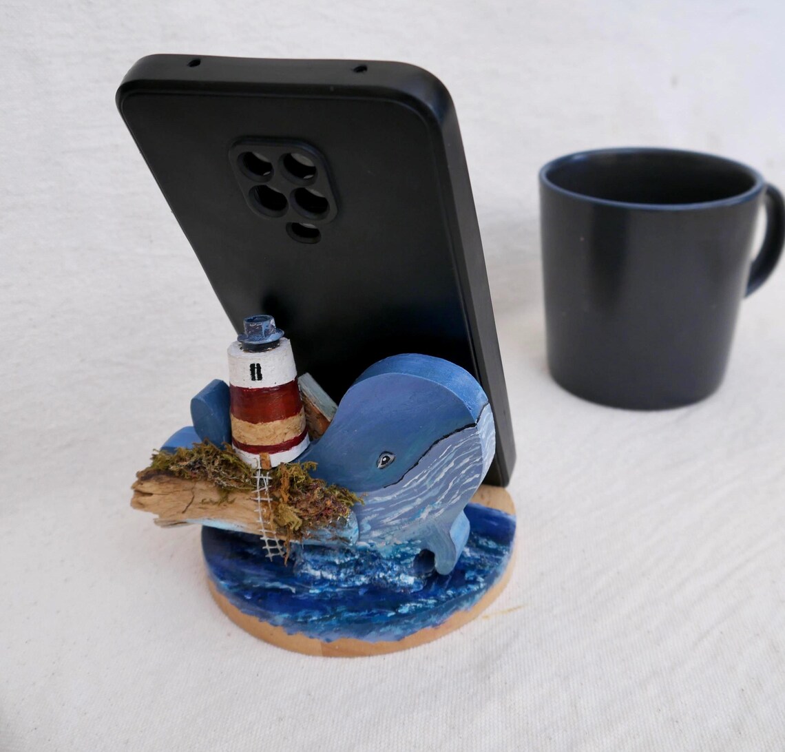 Whale Phone Holder With Island, Driftwood Desk Decor, Unique Ocean Gift ...