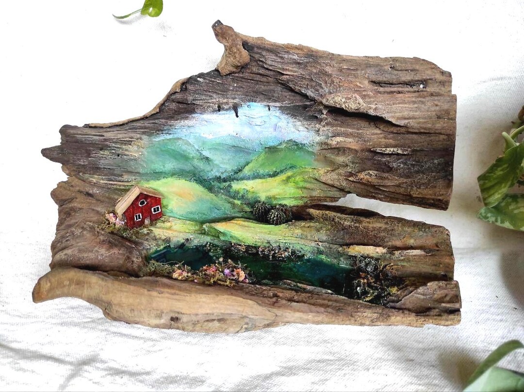 Driftwood Art, Rustic Decor, Miniature Landscape, Red Cabin, Nature ...