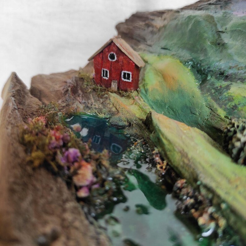 Driftwood Art, Rustic Decor, Miniature Landscape, Red Cabin, Nature ...