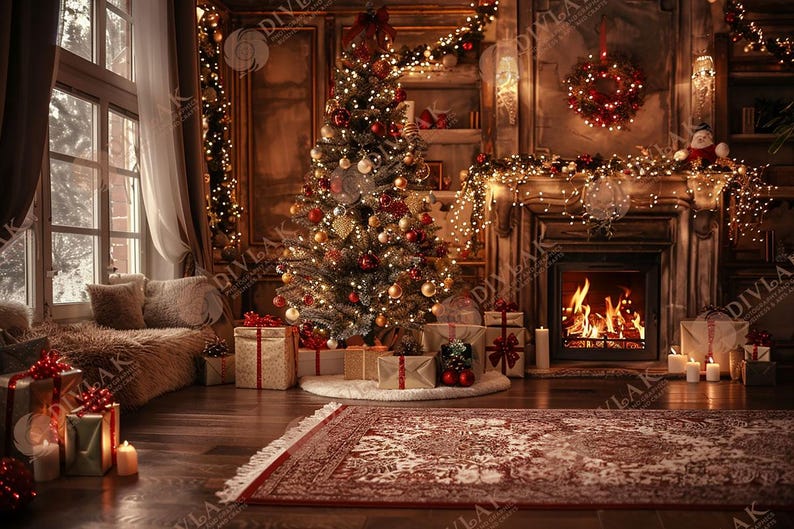 Cozy Christmas Digital Backdrop | Warm Festive Living Room Scene ...