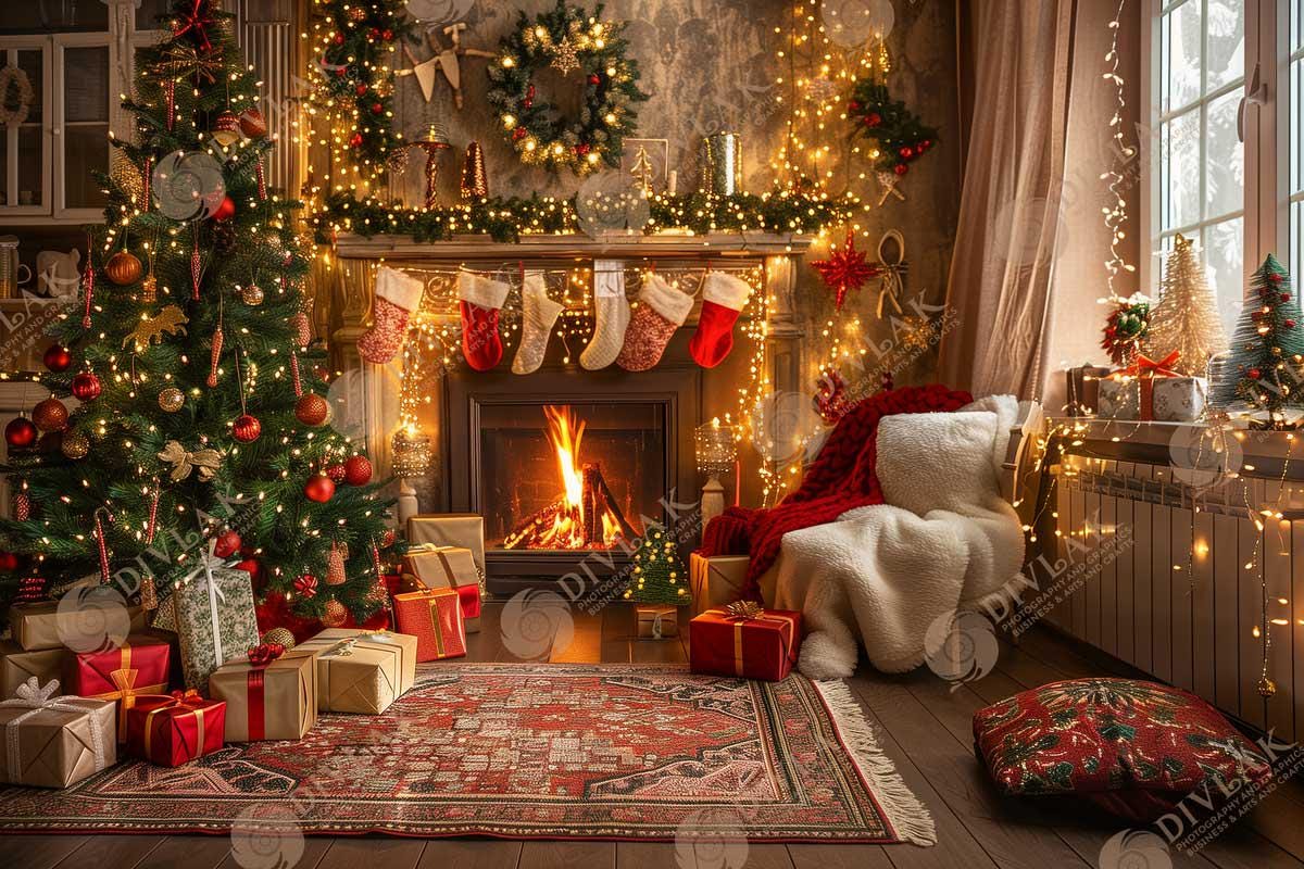 Cozy Christmas Digital Backdrop | Warm Festive Living Room Scene ...