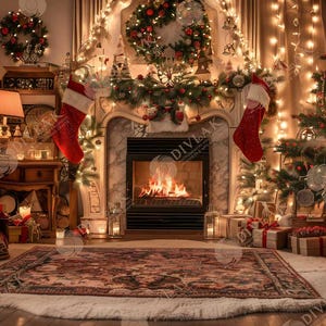 Cozy Christmas Digital Backdrop | Warm Festive Living Room Scene ...