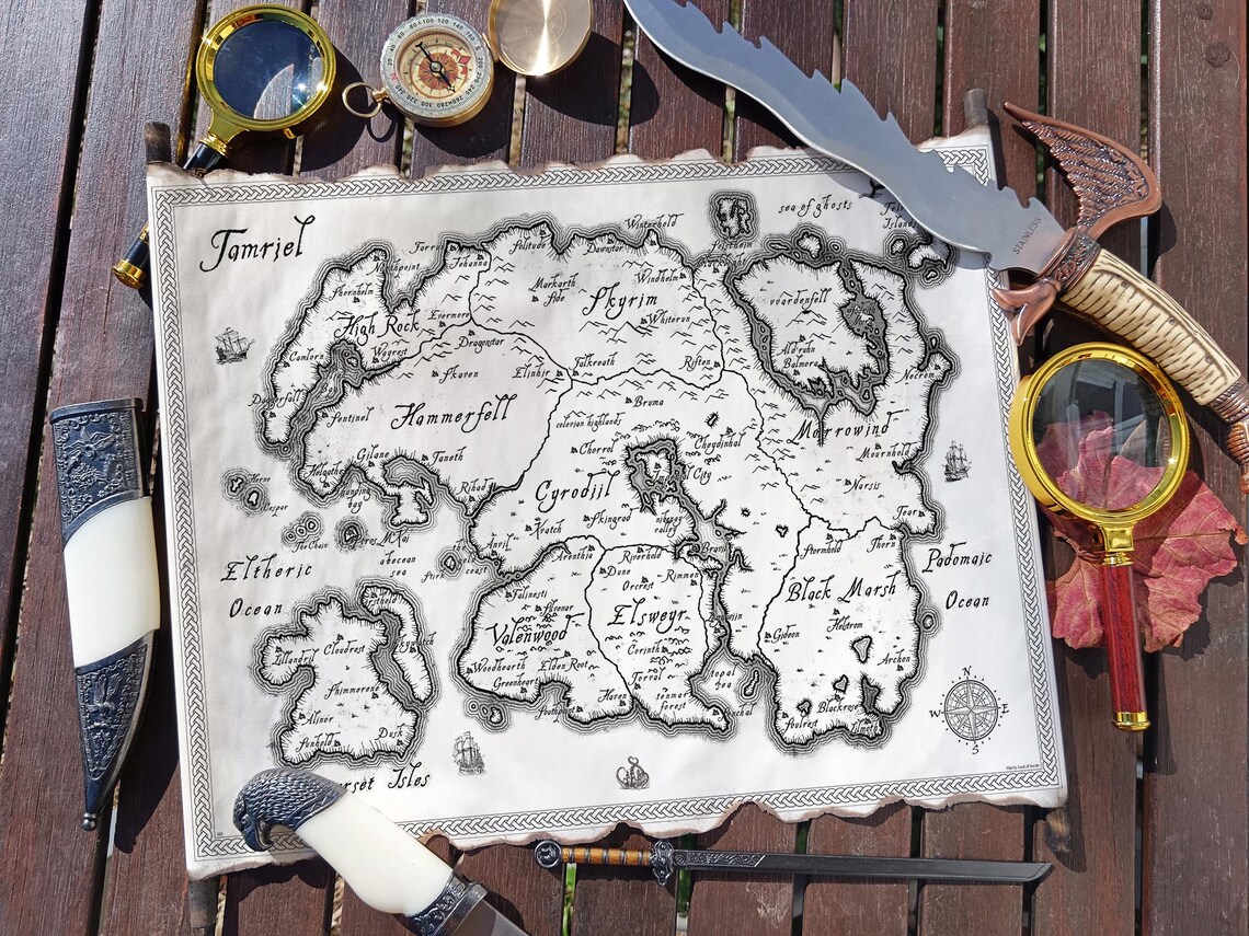 Tamriel Map on Handmade Scroll: the Elder Scrolls, Skyrim, Oblivion Art ...