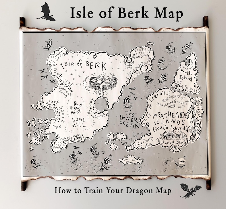 Isle of Berk Map on Handmade Scroll: HTTYD Train Dragon Gift, Fantasy ...