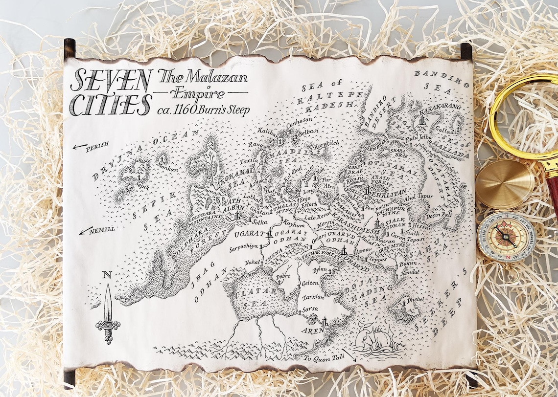 Seven Cities Map - Handmade Scroll - FREE SHIPPING, Malazan Empire Map ...