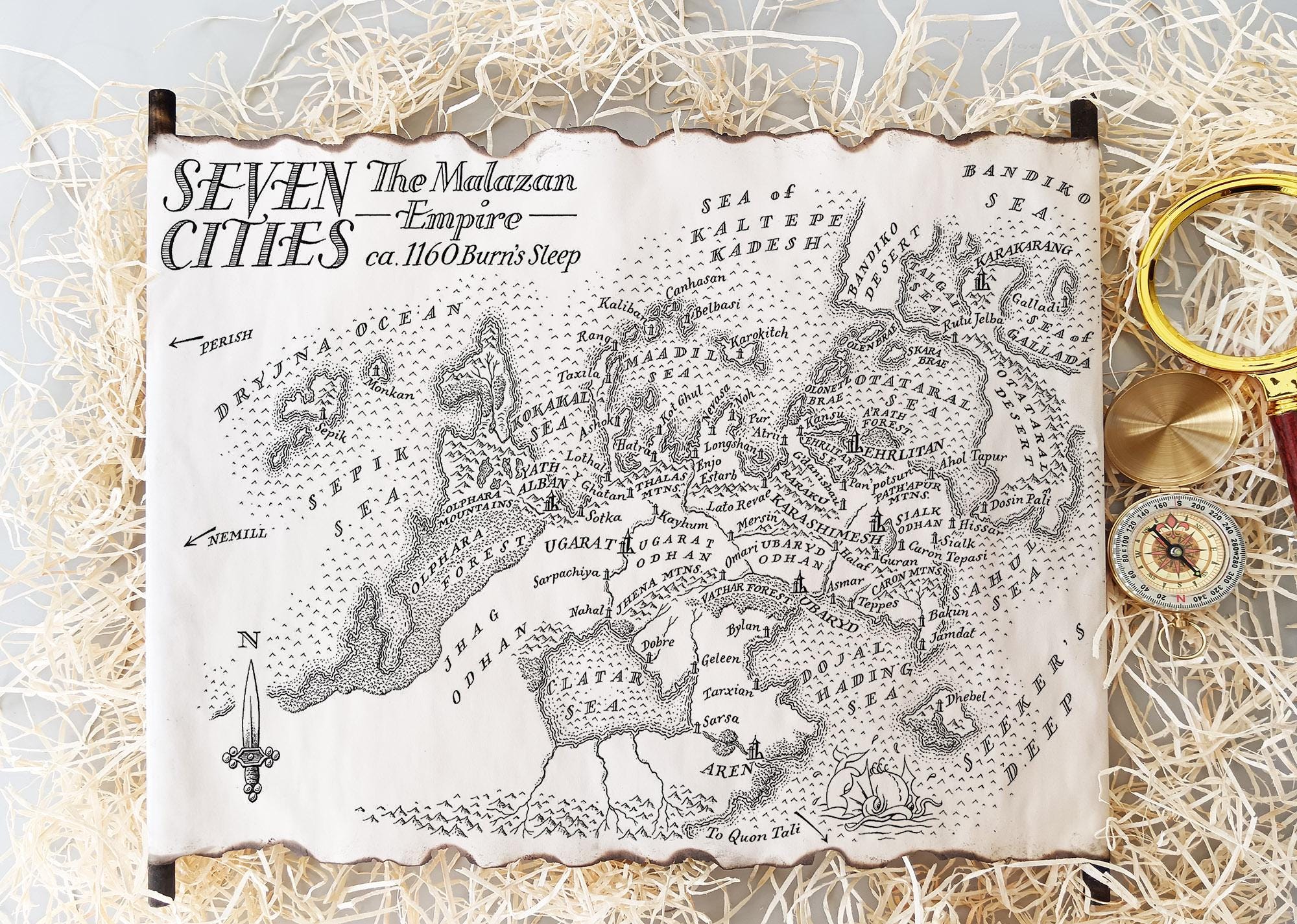 Seven Cities Map - Handmade Scroll - FREE SHIPPING, Malazan Empire Map ...