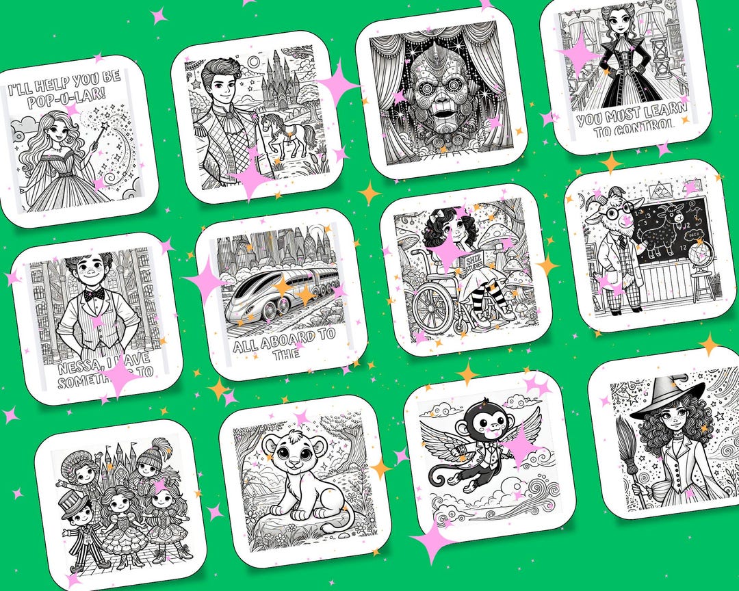 Wicked Theme Coloring Book, Oz,elphaba, Glinda, Fiyero, Ozian, Digital ...