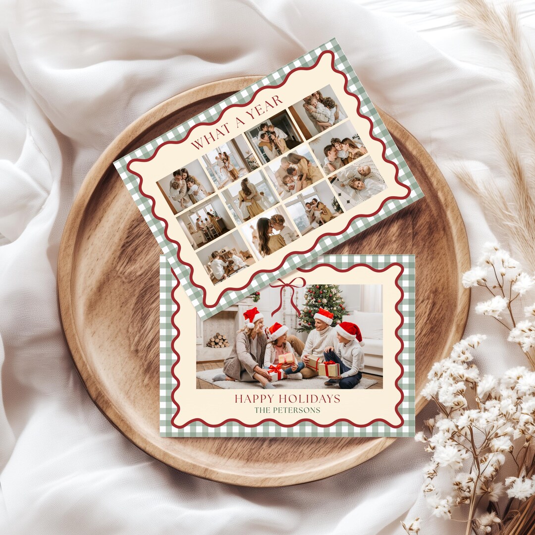 What a Year Landscape Christmas Card, Gingham Green Red Bow, Christmas ...