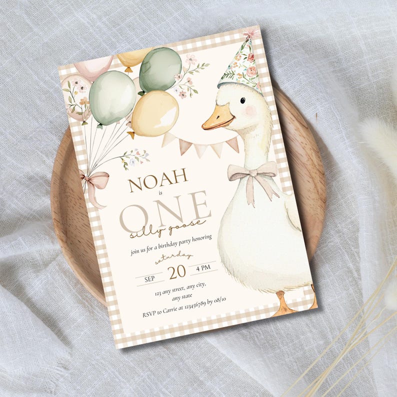 One Silly Goose 1st Birthday Invitation Template, Editable, Digital ...