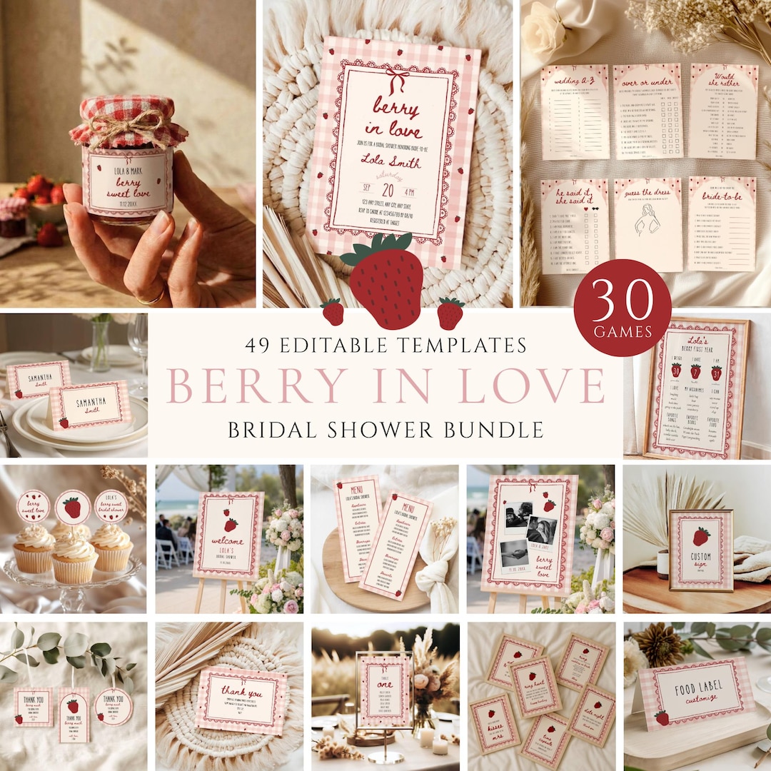 Berry Sweet Love Bridal Shower Bundle, Strawberry Pink Gingham Decor ...