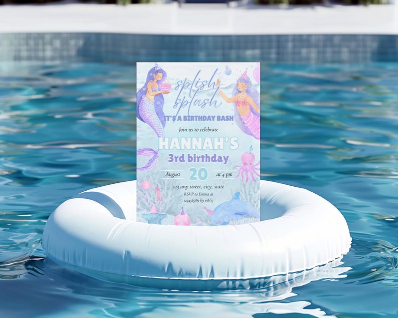 Mermaid 3rd Birthday Invitation, Splish Splash Birthday Bash Invite ...