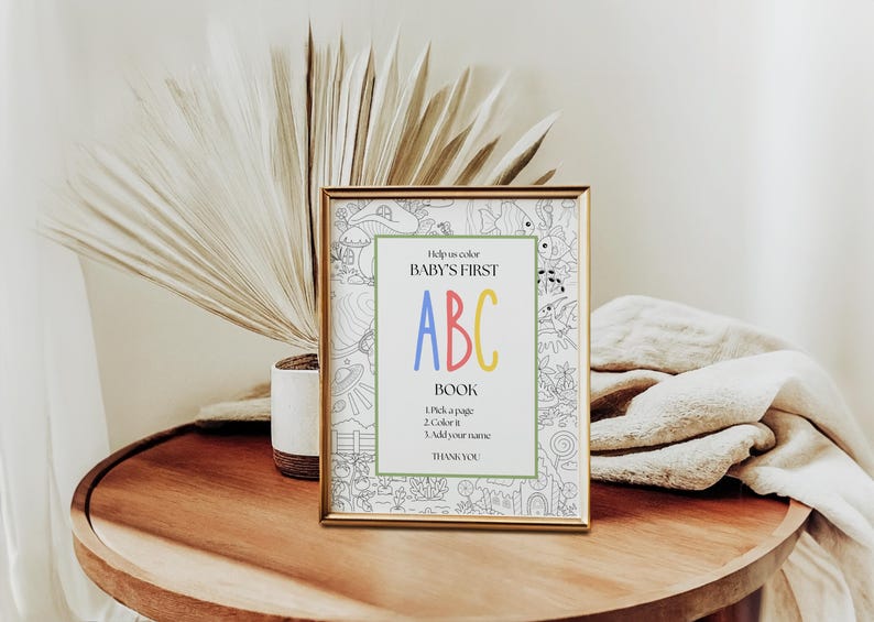 Baby's First ABC Book, Baby Shower Coloring Activity With Matching Sign ...
