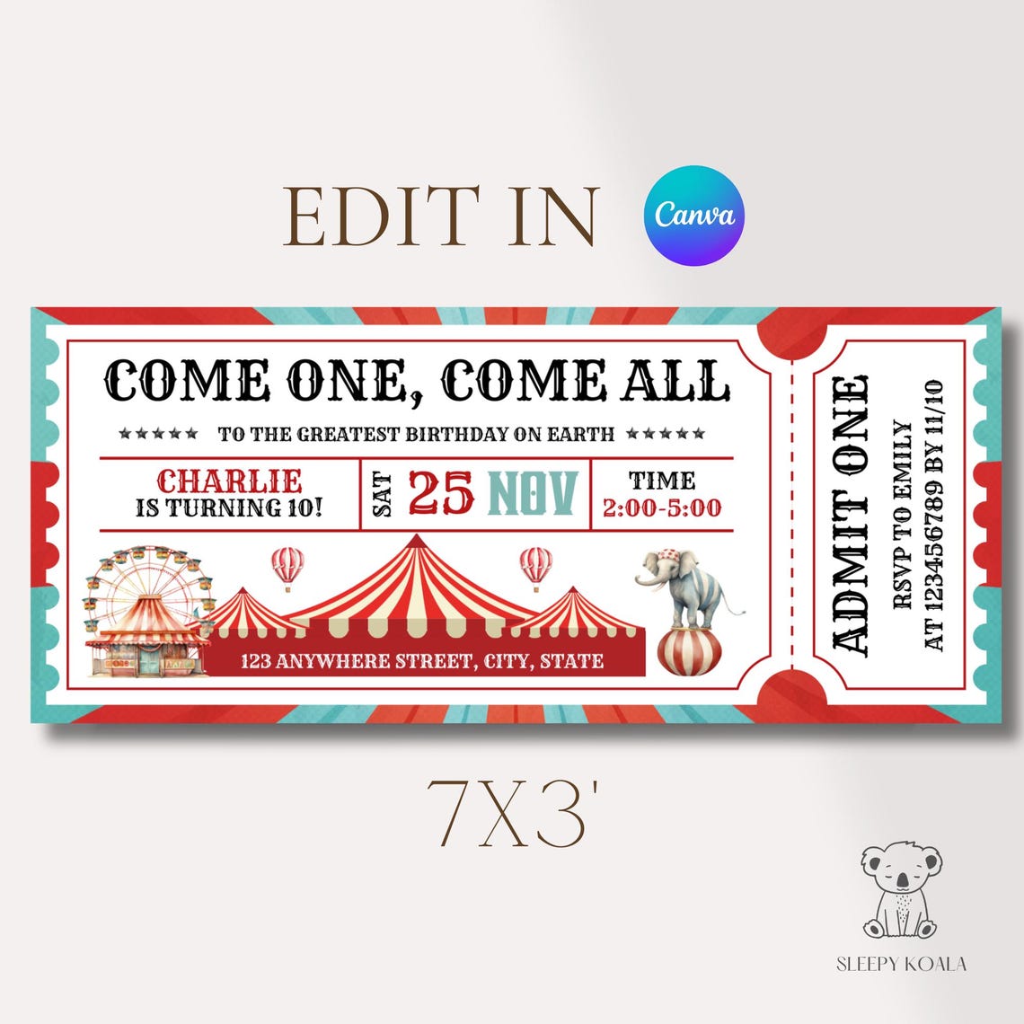 Circus Ticket Birthday Invitation: Retro Carnival Theme (digital Canva ...