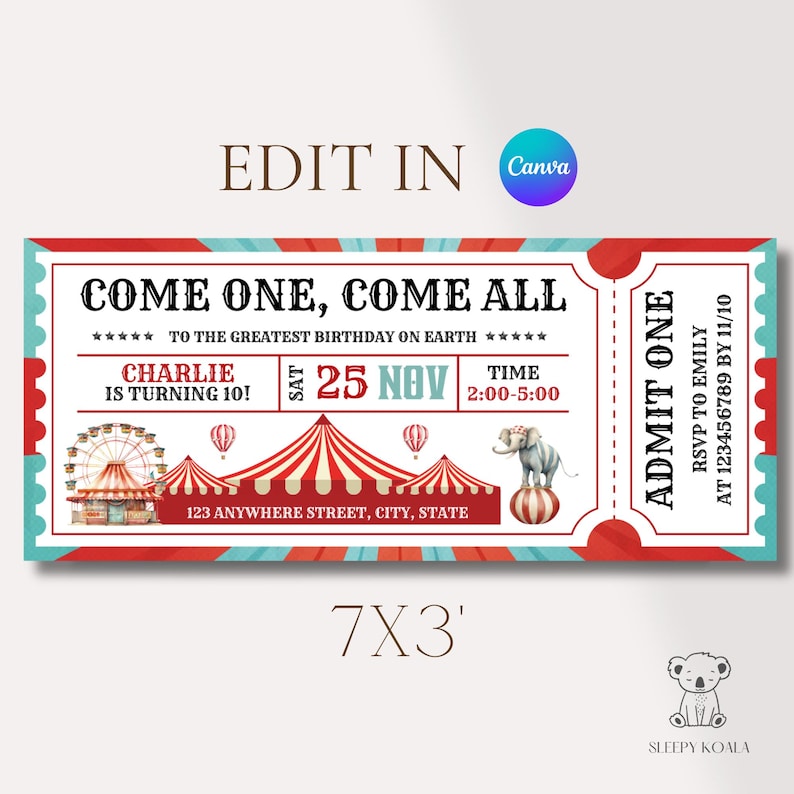Circus Ticket Birthday Invitation: Retro Carnival Theme (digital Canva ...