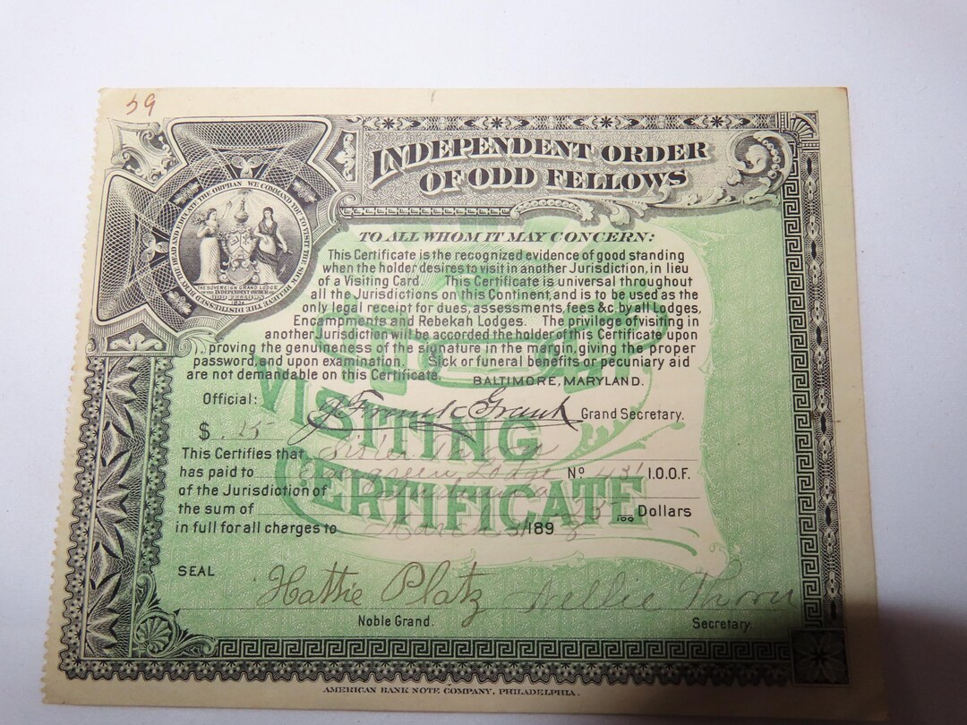 Antique 1898 American Banknote Co. Independent Order of Odd Fellows ...