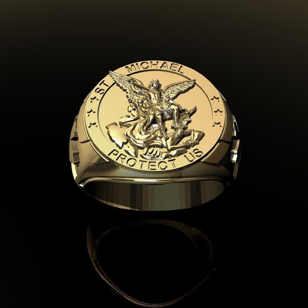 Men's Gold St Michael Signet Ring - Large Religious Sovereign Biker ...