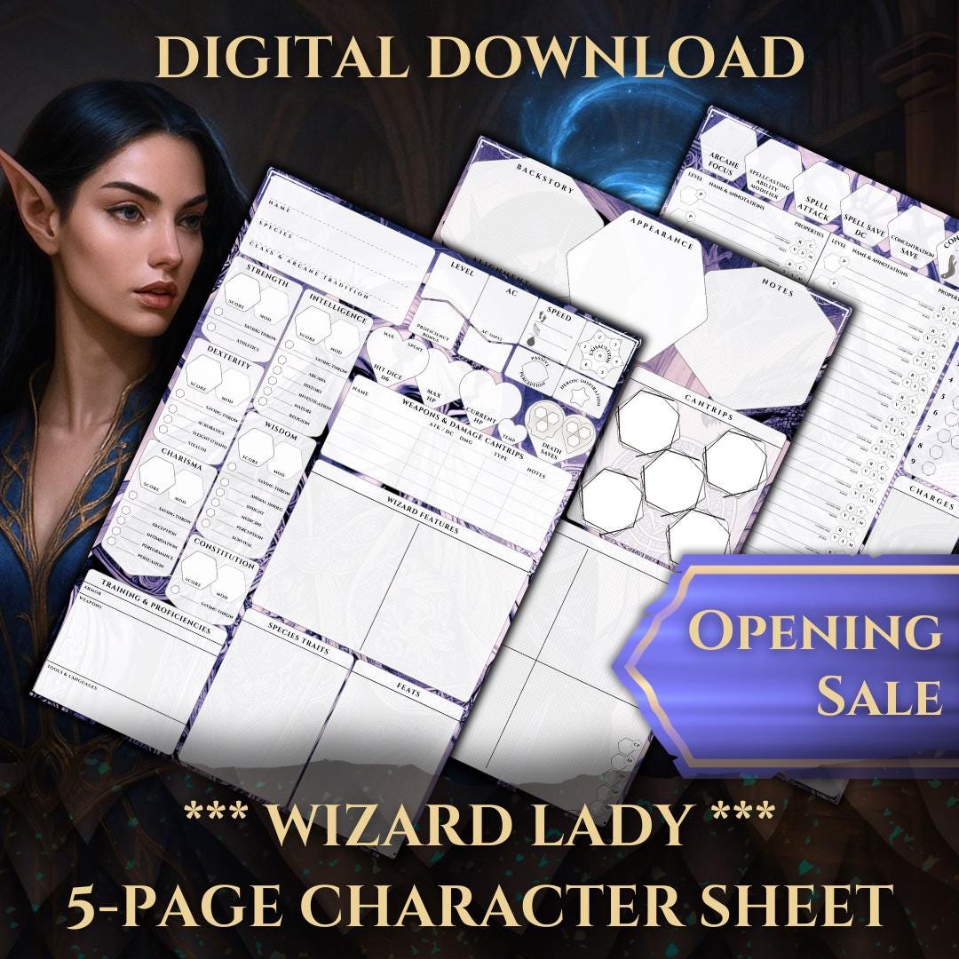 Wizard Lady Character Sheet Dnd 5e: 5-page Printable PDF - Etsy