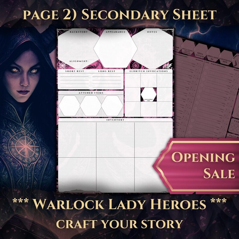 Warlock Lady Dnd 5e Character Sheet | 5-page Printable PDF Journal for ...