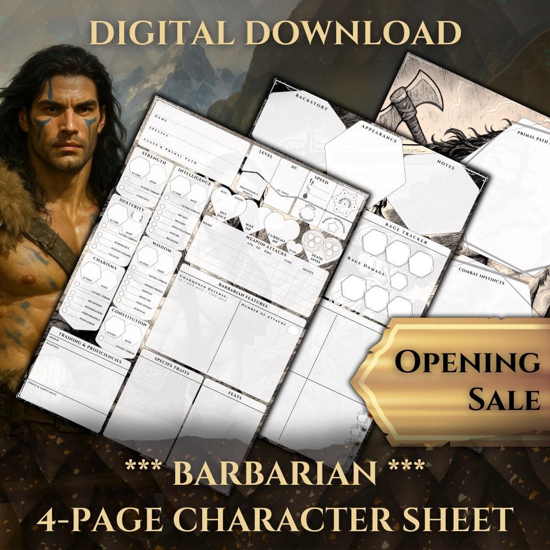 Barbarian Character Sheet Dnd 5e: 5-page Printable PDF - Etsy