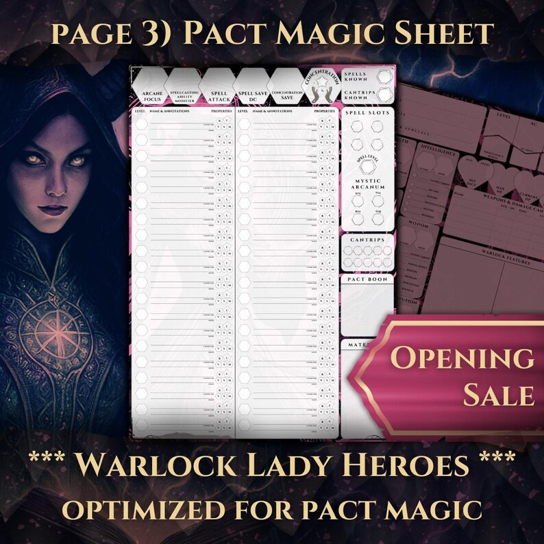 Warlock Lady Dnd 5e Character Sheet | 5-page Printable PDF Journal for Your Epic Dungeons ...