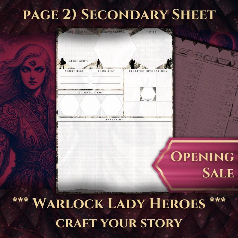 Warlock Lady Dnd 5e Character Sheet | 6-page Printable PDF Journal for Your Epic Dungeons ...