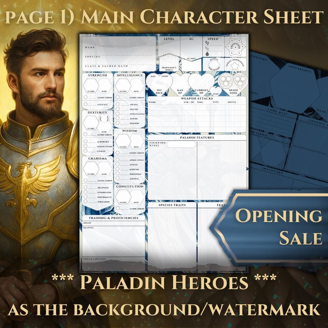 Paladin Character Sheet Dnd 5e: 5-page Printable PDF - Etsy
