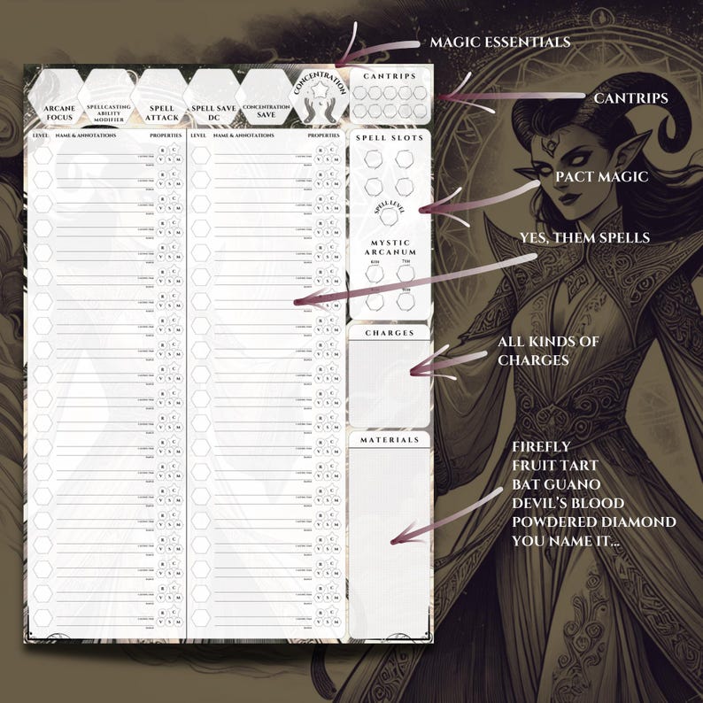 Warlock Lady Dnd 5e Character Sheet | 6-page Printable PDF Journal for Your Epic Dungeons ...