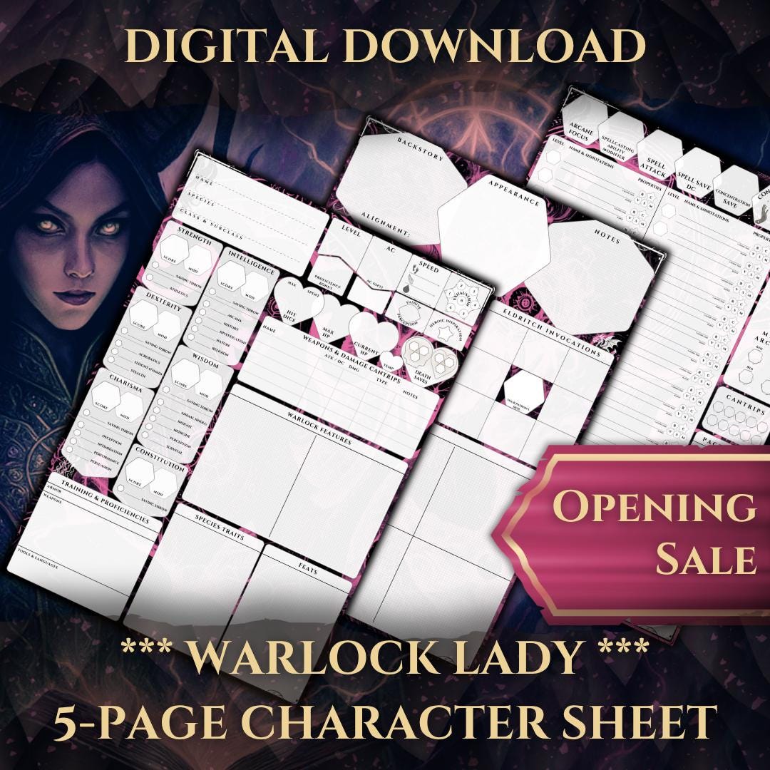 Warlock Lady Dnd 5e Character Sheet | 5-page Printable PDF Journal for ...