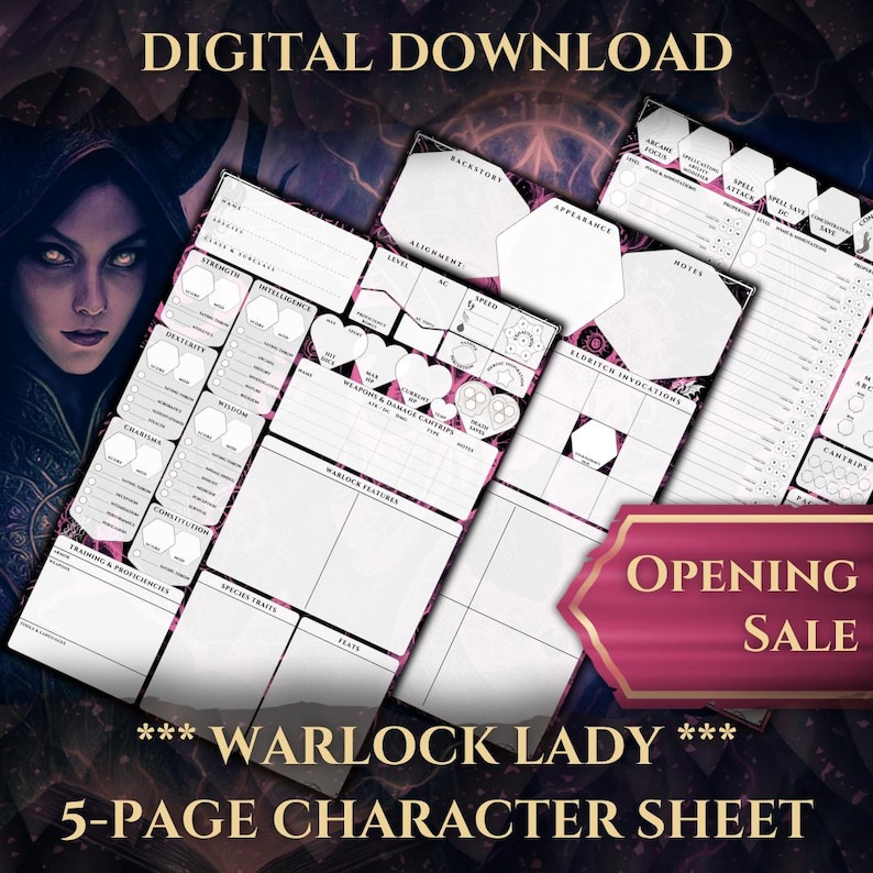 Warlock Lady Character Sheet Dnd 5e: 5-page PDF - Etsy