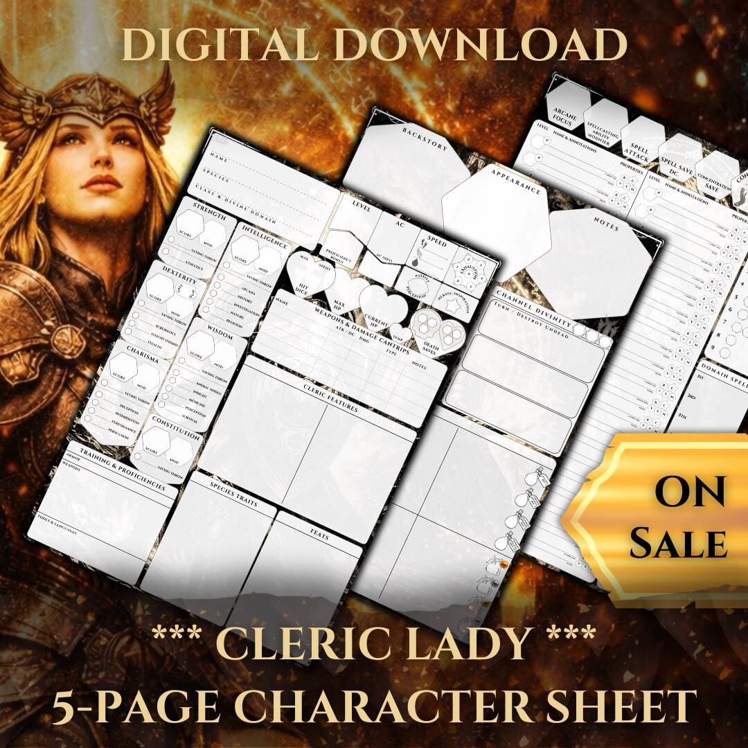 Cleric Lady Character Sheet Dnd 5e: 5-page Printable PDF - Etsy