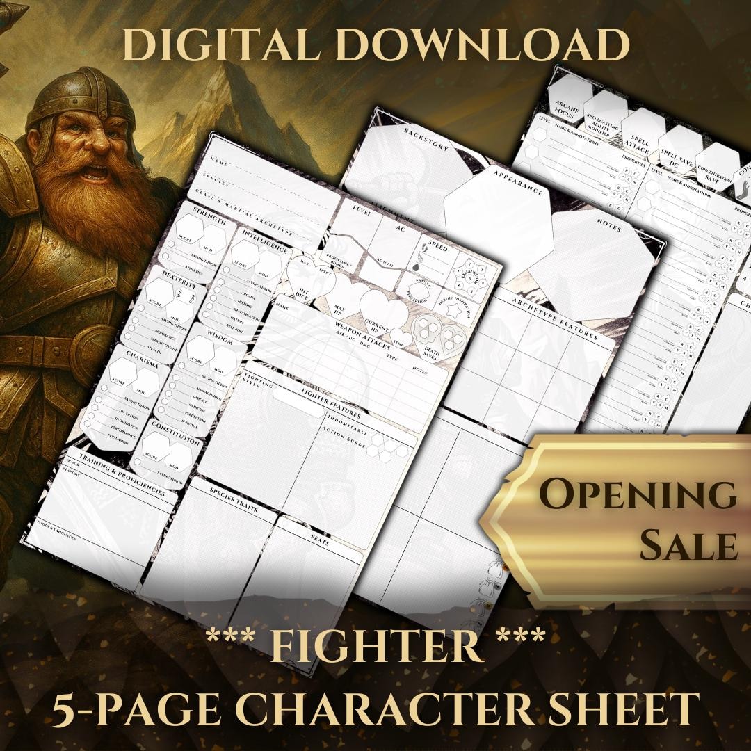 Fighter Character Sheet Dnd 5e: 5-page Printable PDF - Etsy