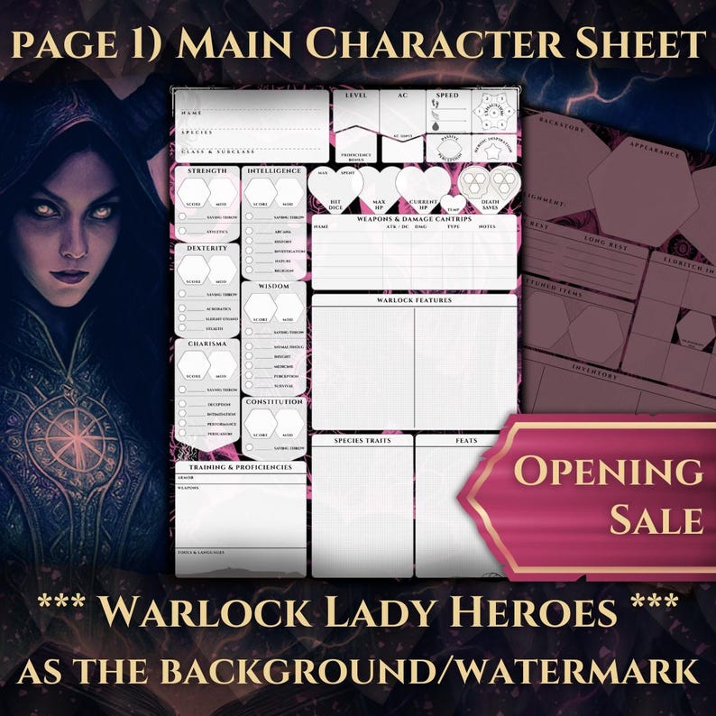 Warlock Lady Dnd 5e Character Sheet | 5-page Printable PDF Journal for Your Epic Dungeons ...
